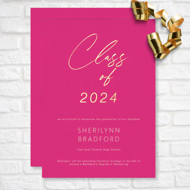 Minimal Hot Pink & White Graduation Announcement | Zazzle