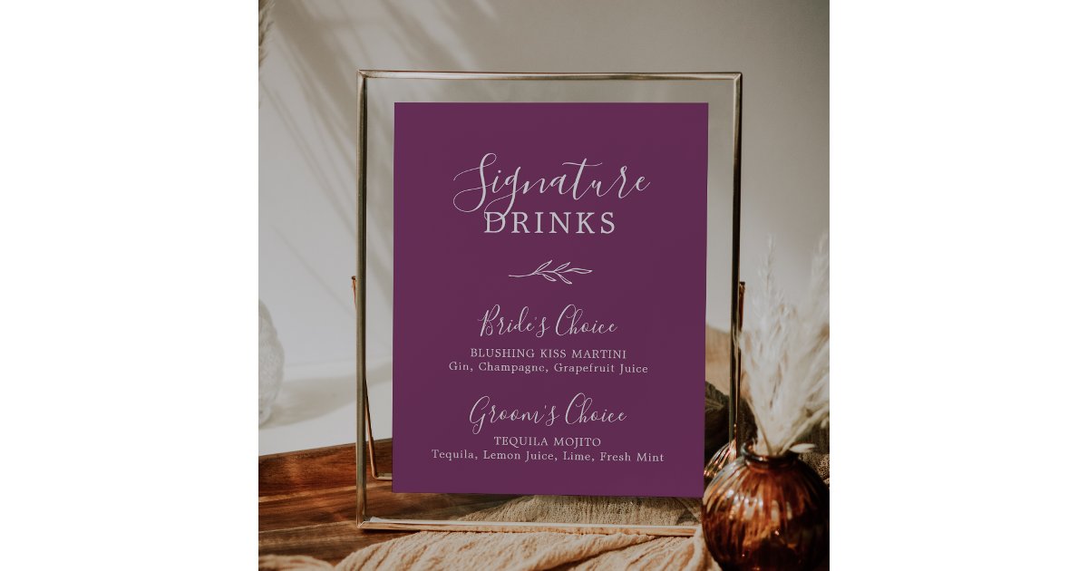 Minimal Leaf | Berry Purple Signature Drinks Poster | Zazzle
