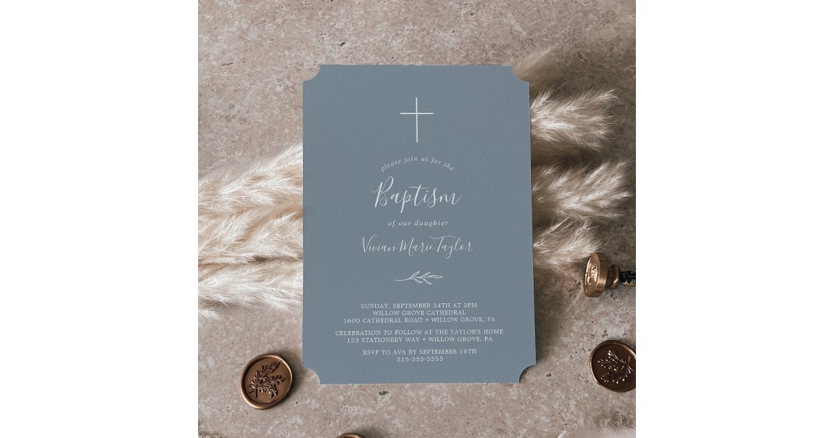 Minimal Leaf | Blue and White Baptism Invitation | Zazzle