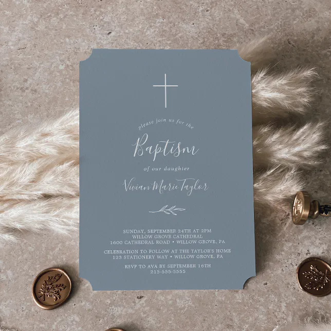 Minimal Leaf | Blue and White Baptism Invitation | Zazzle