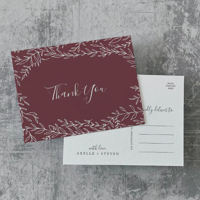 Minimal Leaf | Burgundy Thank You Postcard | Zazzle