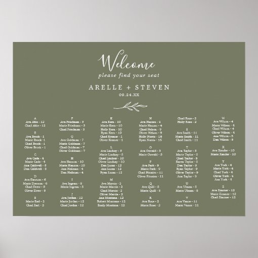 Minimal Leaf Dark Green Alphabetical Seating Chart | Zazzle