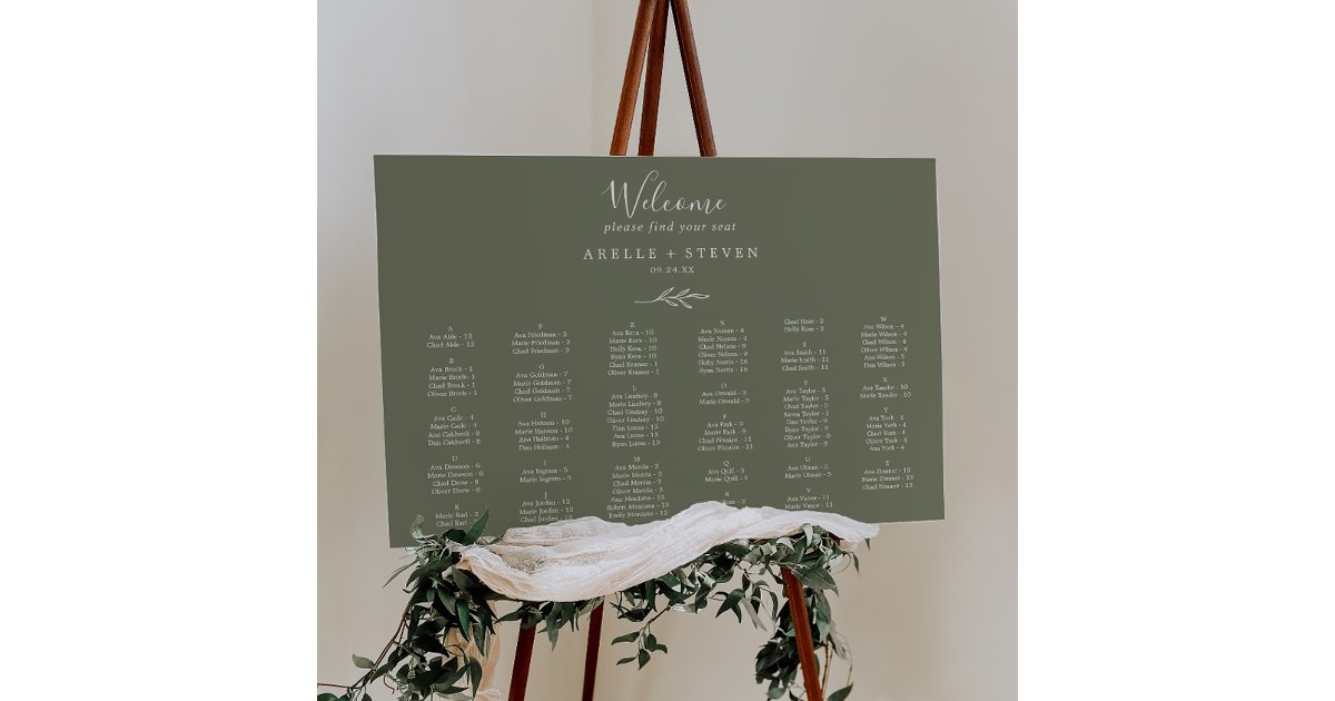 Minimal Leaf Dark Green Alphabetical Seating Chart Foam Board | Zazzle