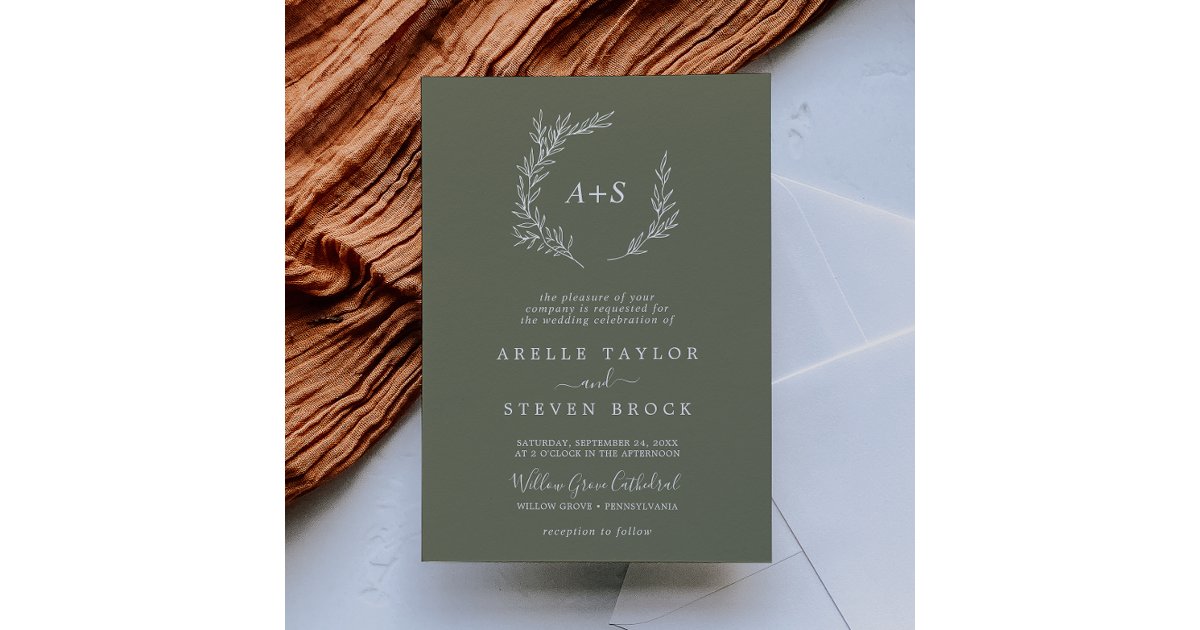 Minimal Leaf | Dark Green Formal Monogram Wedding Invitation | Zazzle