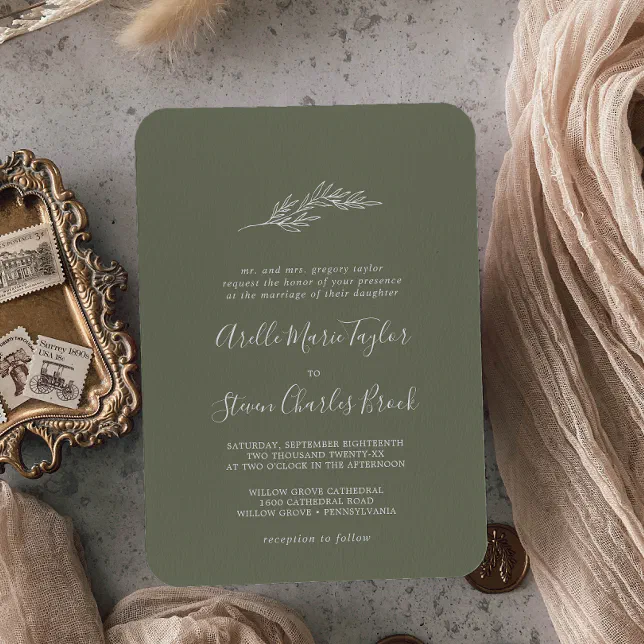 Minimal Leaf | Dark Green Traditional Wedding Invitation | Zazzle