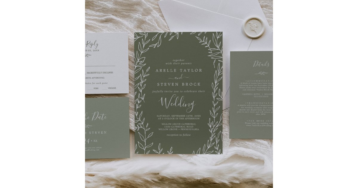 Minimal Leaf | Dark Green Wedding Invitation | Zazzle