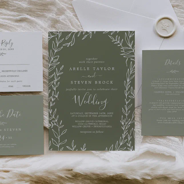 Minimal Leaf | Dark Green Wedding Invitation | Zazzle