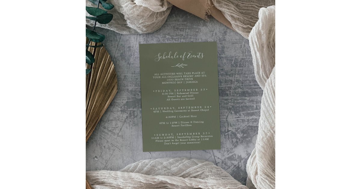 Minimal Leaf Dark Green Weekend Schedule of Events Enclosure Card | Zazzle