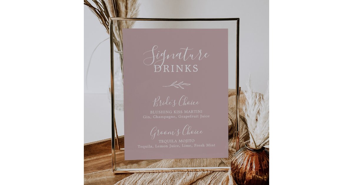 Minimal Leaf | Dusty Rose Signature Drinks Poster | Zazzle