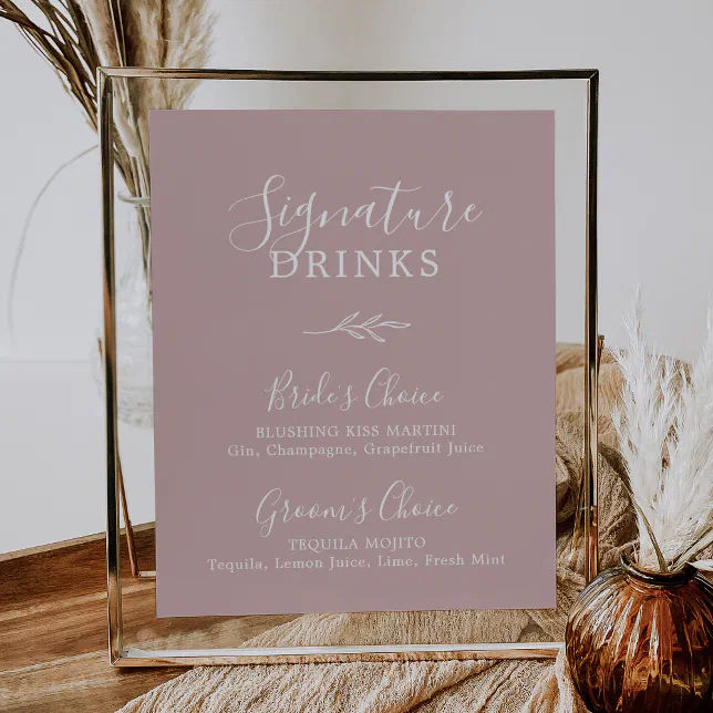 Minimal Leaf | Dusty Rose Signature Drinks Poster | Zazzle