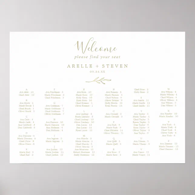 Minimal Leaf Gold Alphabetical Seating Chart | Zazzle