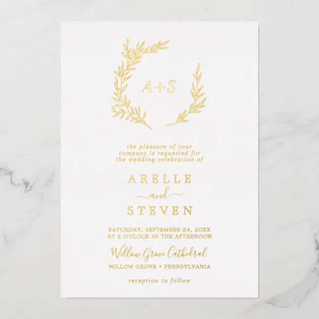 Minimal Leaf Gold Foil Bold Name Monogram Wedding Foil Invitation | Zazzle