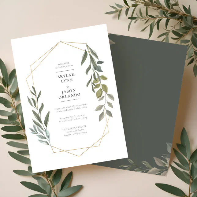 Minimal Leaf Greenery & Gold Geometric Terrarium Invitation | Zazzle