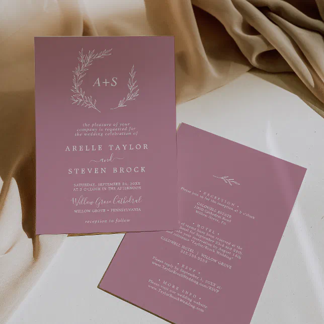 Minimal Leaf | Mauve All In One Wedding Invitation | Zazzle