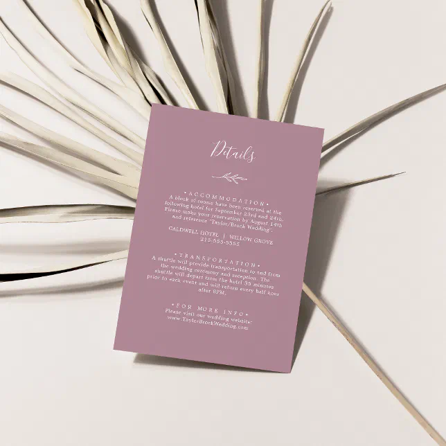 Minimal Leaf | Mauve Details Enclosure Card | Zazzle