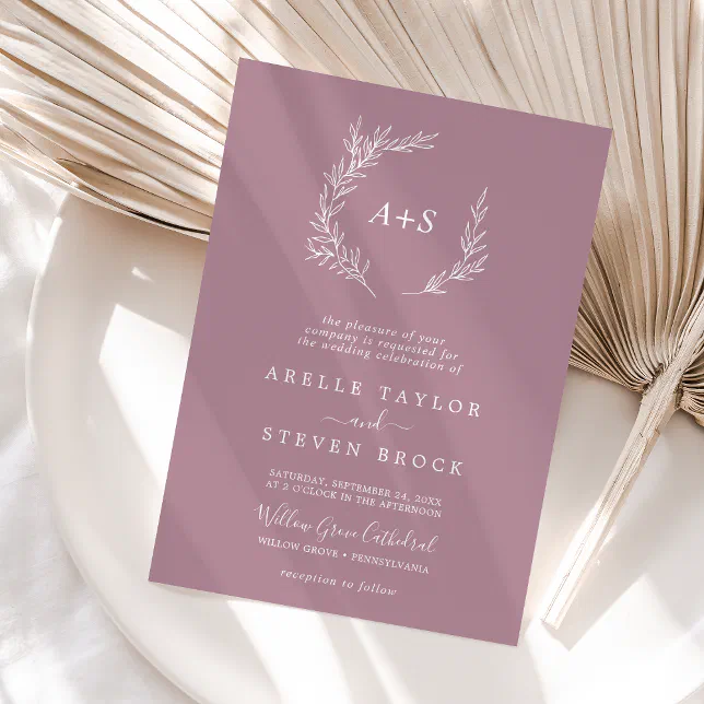 Minimal Leaf | Mauve Formal Monogram Wedding Invitation | Zazzle