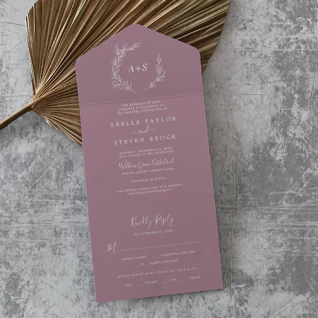 Minimal Leaf | Mauve Wedding All In One Invitation | Zazzle