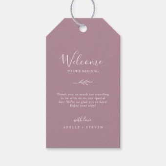 Minimal Leaf Mauve Wedding Welcome Gift Tags | Zazzle