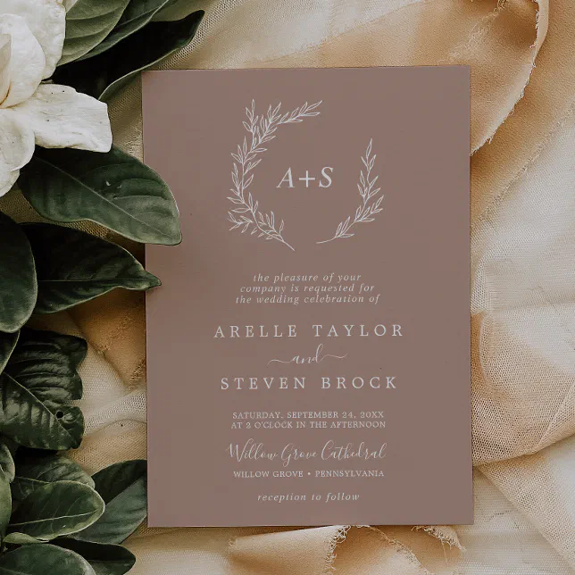Minimal Leaf | Neutral Formal Monogram Wedding Invitation | Zazzle