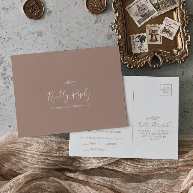 Minimal Leaf | Neutral Menu Choice RSVP Postcard | Zazzle