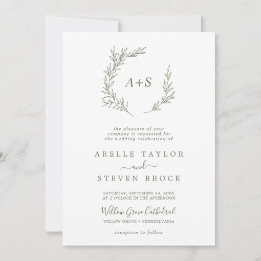 Minimal Leaf | Olive Green Formal Monogram Wedding Invitation | Zazzle