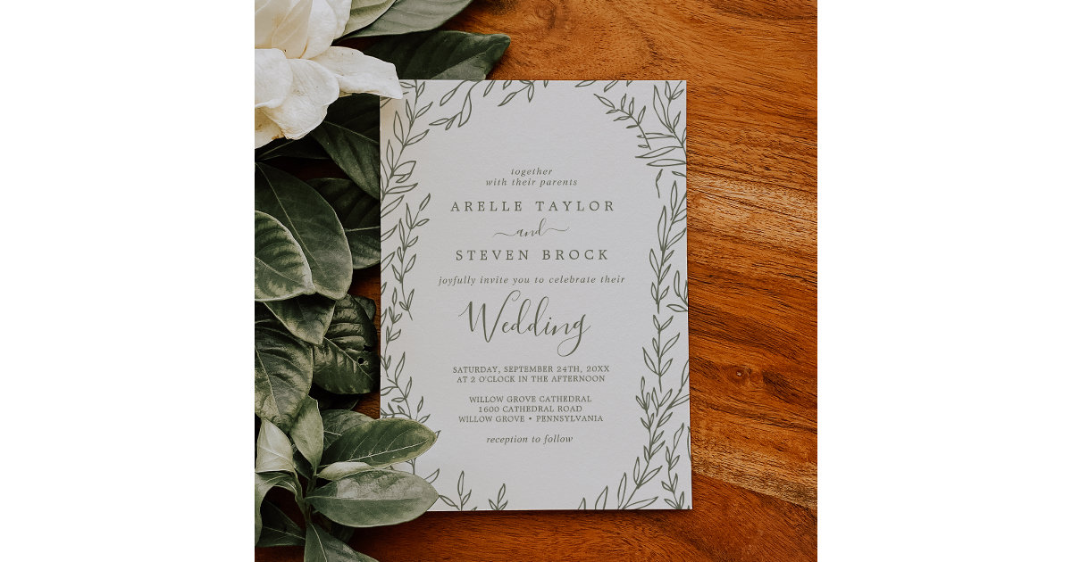 Minimal Leaf | Olive Green Wedding Invitation | Zazzle