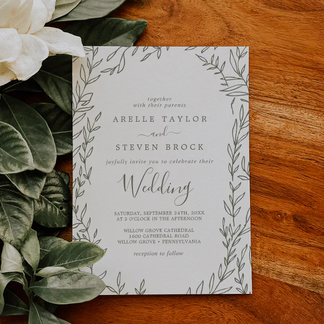 Minimal Leaf | Olive Green Wedding Invitation | Zazzle