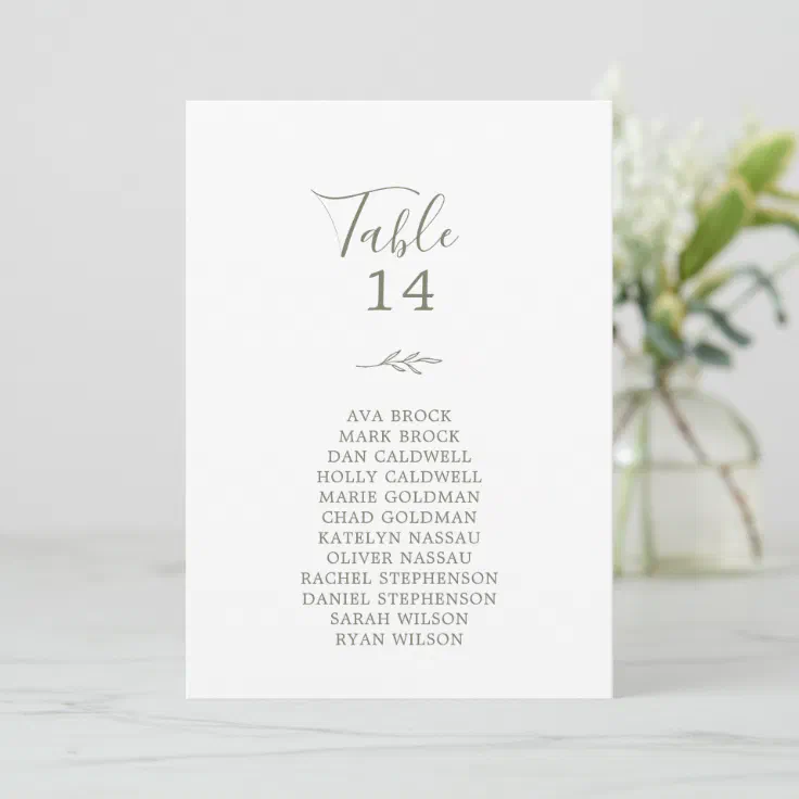 Minimal Leaf Olive Table Number Seating Chart Card | Zazzle