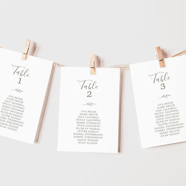 Minimal Leaf Olive Table Number Seating Chart Card | Zazzle