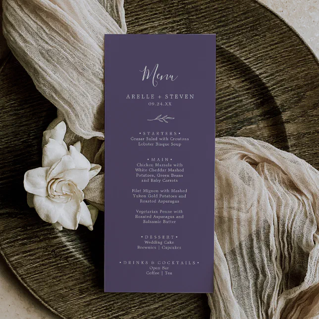 Minimal Leaf | Plum Purple Wedding Dinner Menu | Zazzle
