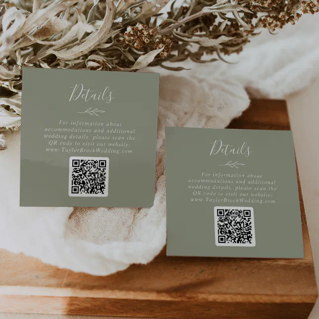 Minimal Leaf | Sage Green QR Code Wedding Details Enclosure Card | Zazzle