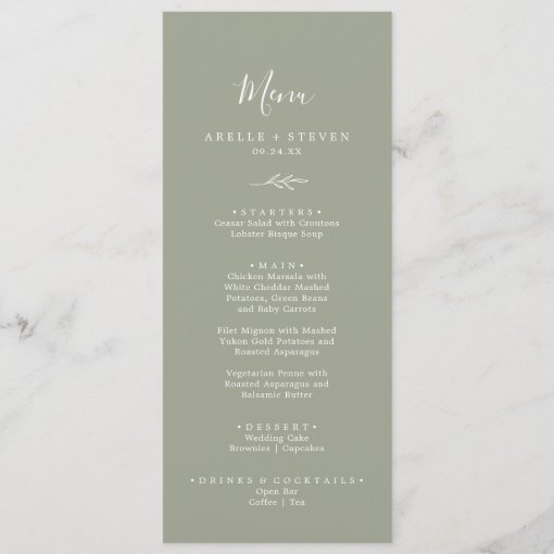 Minimal Leaf | Sage Green Wedding Dinner Menu | Zazzle