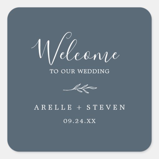 Minimal Leaf | Slate Blue Wedding Welcome Square Sticker | Zazzle