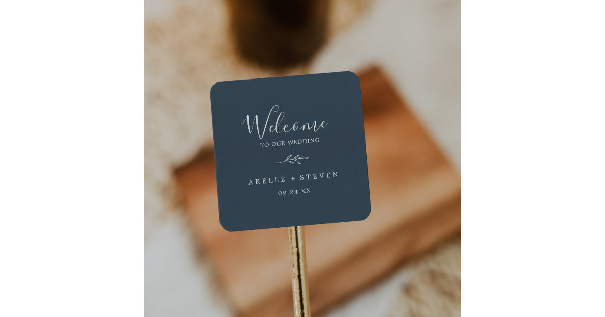 Minimal Leaf | Slate Blue Wedding Welcome Square Sticker | Zazzle
