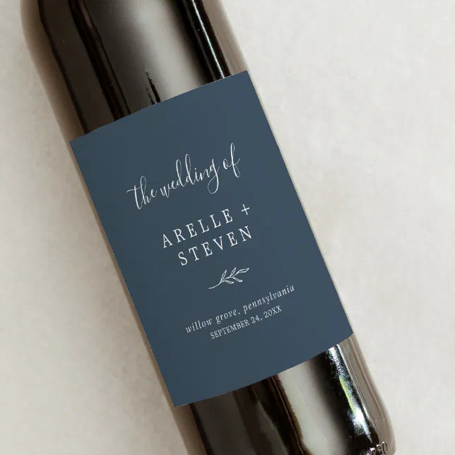Minimal Leaf | Slate Blue Wedding Wine Label | Zazzle