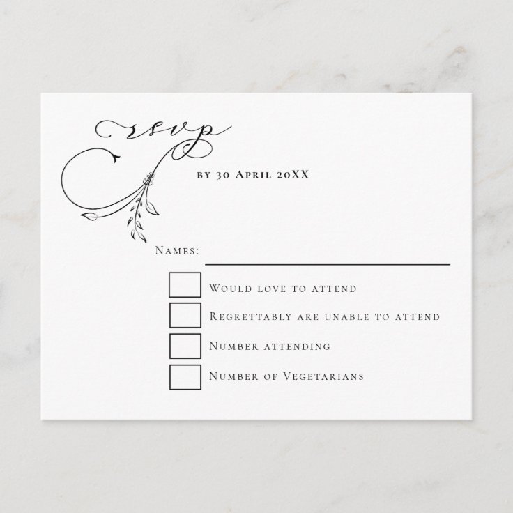 Minimal Leafy Black Script typography Wedding RSVP Postcard | Zazzle