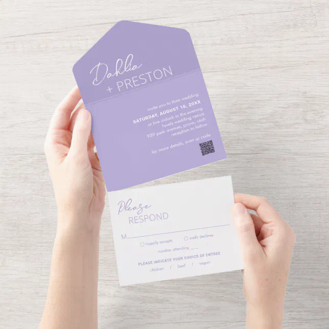 Minimal Lilac QR Code Modern Wedding All In One Invitation | Zazzle