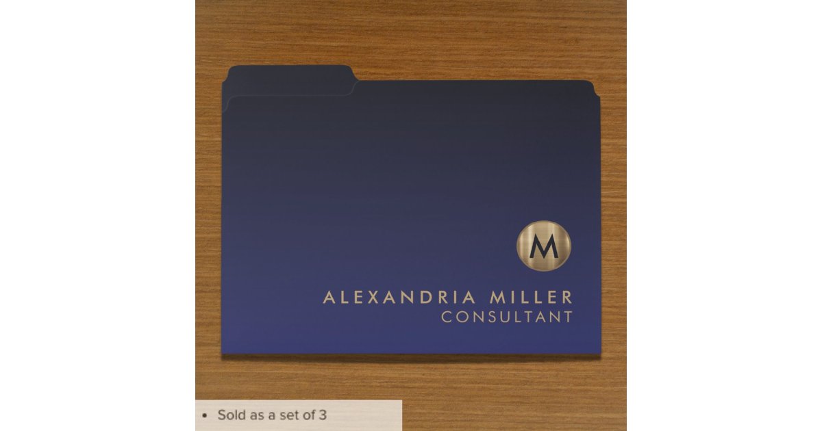 Minimal Luxury Brushed Gold Monogram Navy Blue File Folder | Zazzle