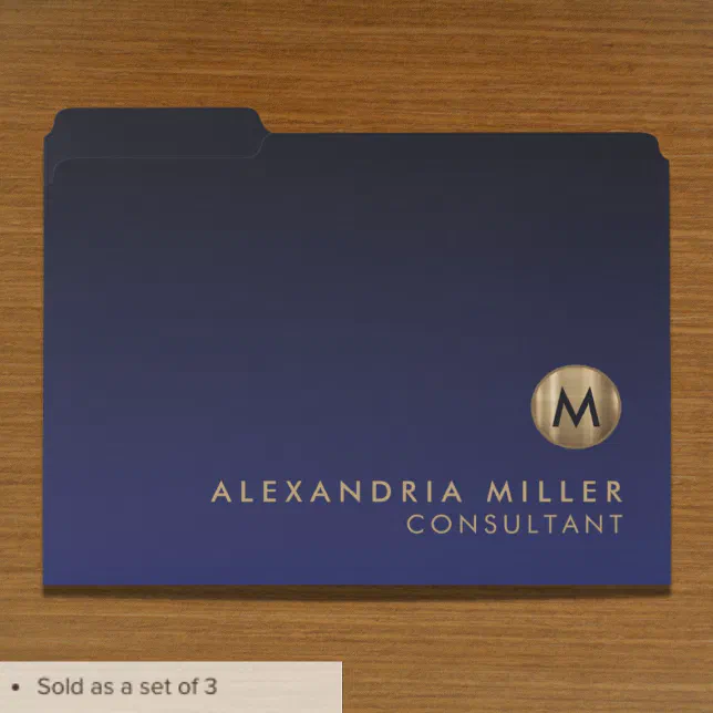 Minimal Luxury Brushed Gold Monogram Navy Blue File Folder | Zazzle
