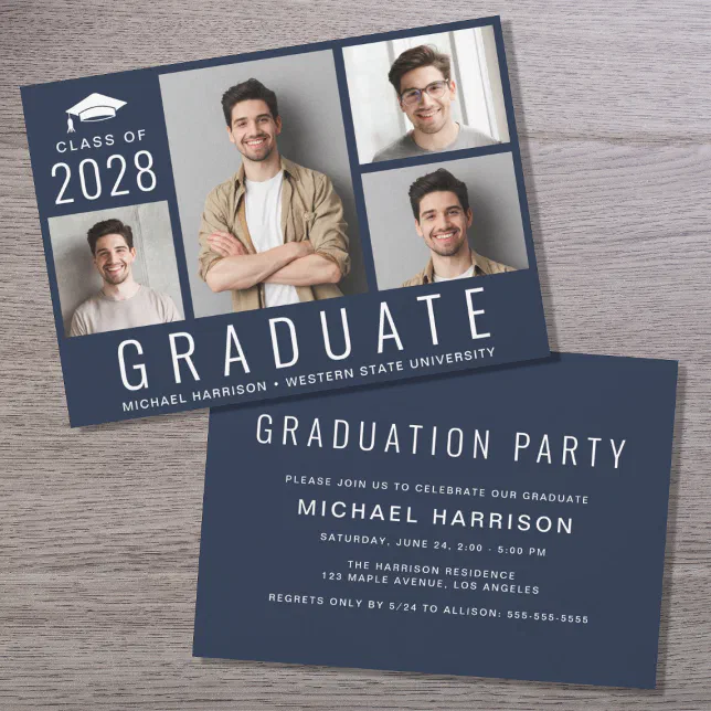 Minimal Modern 4 Photo Blue Graduation Party Invitation | Zazzle