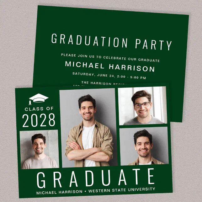 Minimal Modern 4 Photo Green Graduation Party Invitation | Zazzle