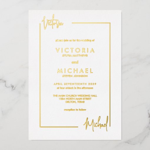 Minimal Modern Couple Names Border Wedding Real Foil Invitation | Zazzle