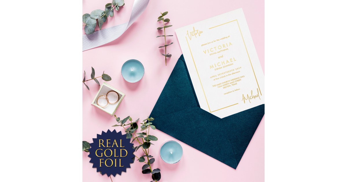 Minimal Modern Couple Names Border Wedding Real Foil Invitation | Zazzle