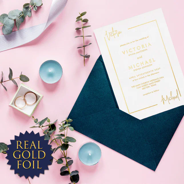 Minimal Modern Couple Names Border Wedding Real Foil Invitation | Zazzle