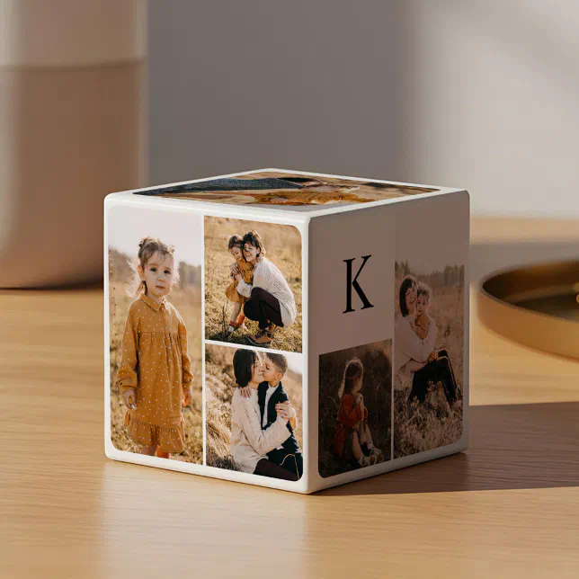 Minimal Modern Multiple Photo Collage Monogram Cube | Zazzle
