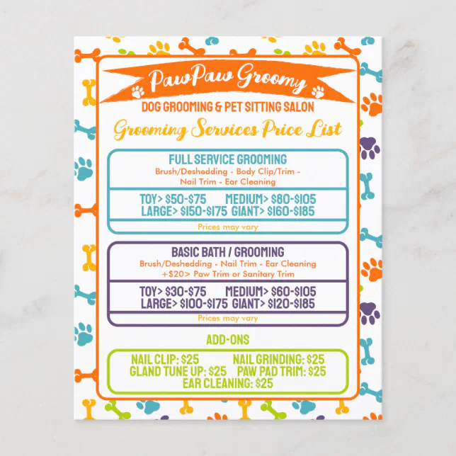 Minimal modern Paws Dog Grooming Price List Flyer | Zazzle