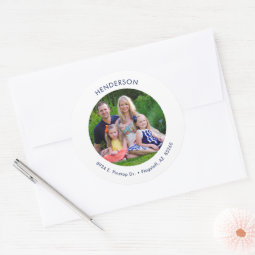 Minimal Modern Photo Return Address Classic Round Sticker | Zazzle