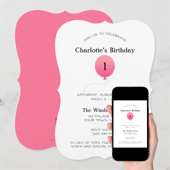 Minimal Modern Pink Balloon Any Number Birthday Invitation | Zazzle