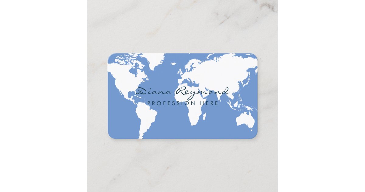 Minimal modern world map on blue business card | Zazzle