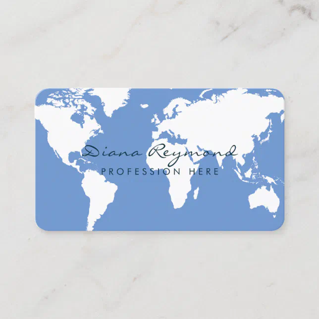 Minimal modern world map on blue business card | Zazzle